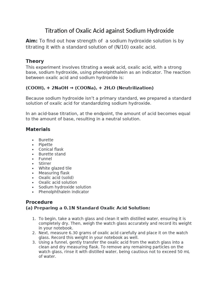 Titration of Oxalic Acid Against Sodium Hydroxide | PDF | Titration ...