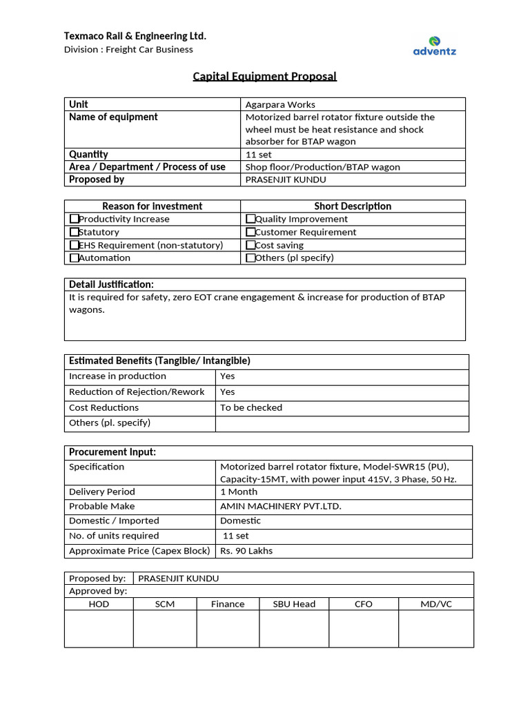 Capex For Motorized Barrel Rotator Fixture of BTAP Wagon | PDF