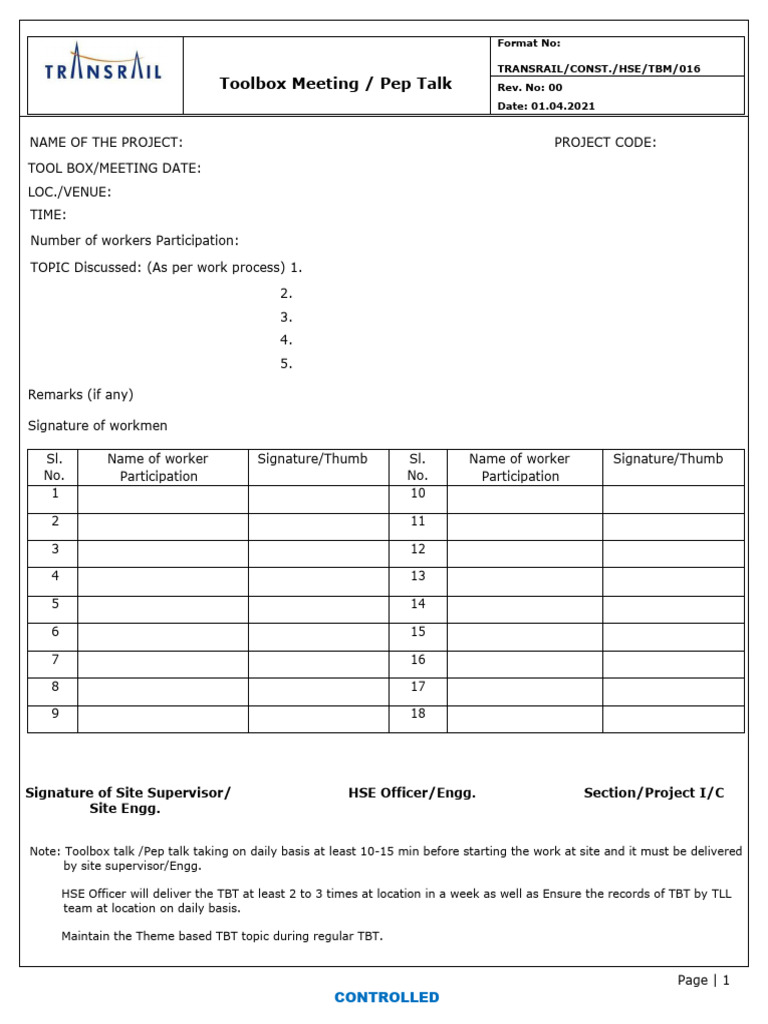 Toolbox Meeting Record Template | PDF