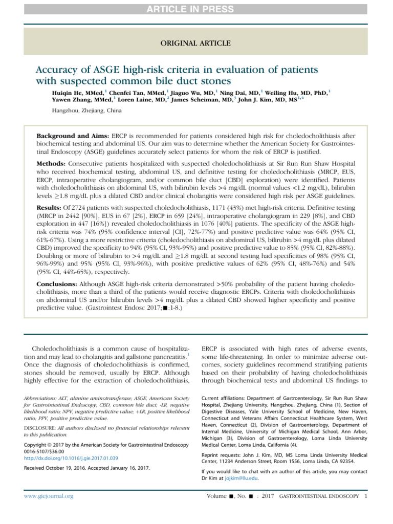 Accuracy of ASGE High-Risk Criteria in Evaluation of Patients With ...