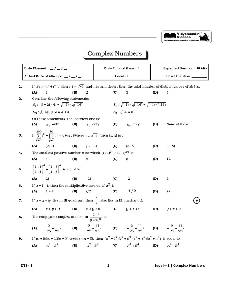 Complex_Level - 1_DTS - 1 | PDF | Arithmetic | Complex Analysis