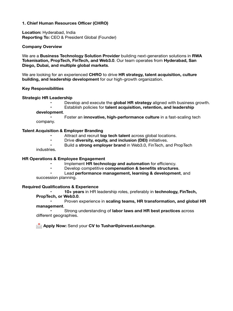 CHRO Job Description for Tech Firm | PDF