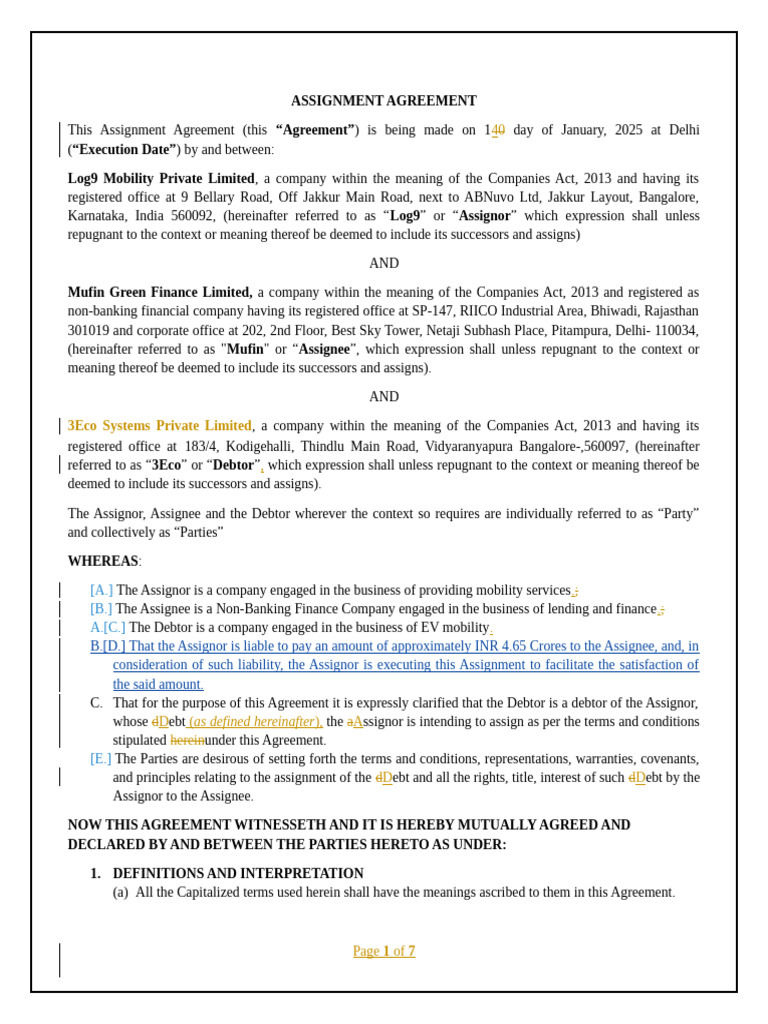 Assignment Agreement for Debt Transfer | PDF | Assignment (Law) | Indemnity
