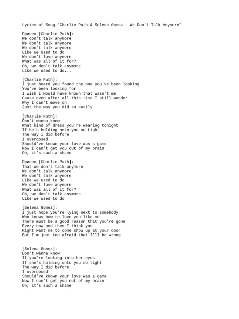 Charlie Puth & Selena Gomez - We Don't Talk Anymore | PDF | Recorded ...