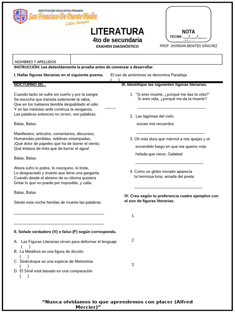 Examen Diagnóstico - Literatura - 4to de Secundaria - San Francisco 2025 | PDF