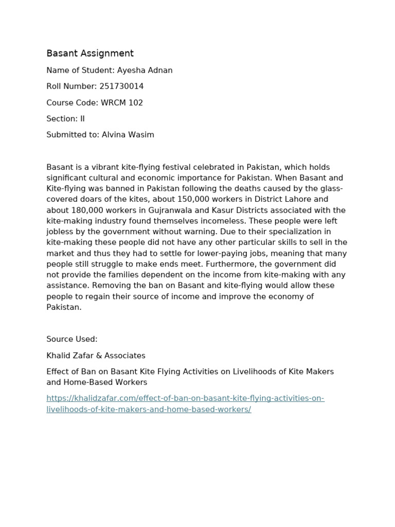 Ayesha Adnan - Basant Assignment | PDF