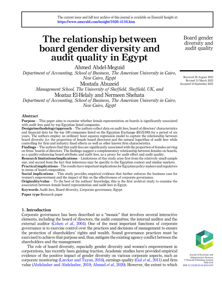 The Relationship Between Boardgender Diversity and Auditquality in Egypt 2024 Emerald Publishing ...