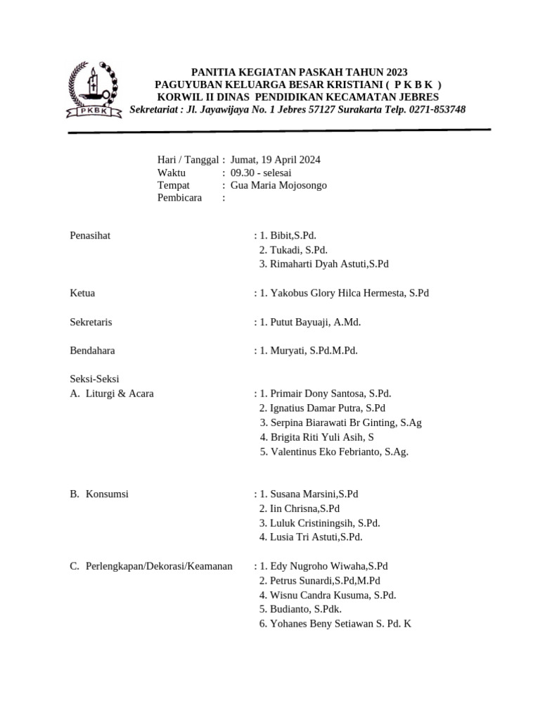 Panitia Kegiatan Paskah 2024 Jebres | PDF