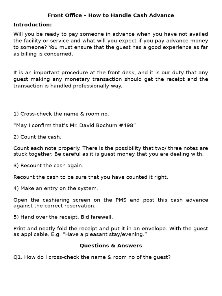 SOP For How To Handle Cash Advance | PDF