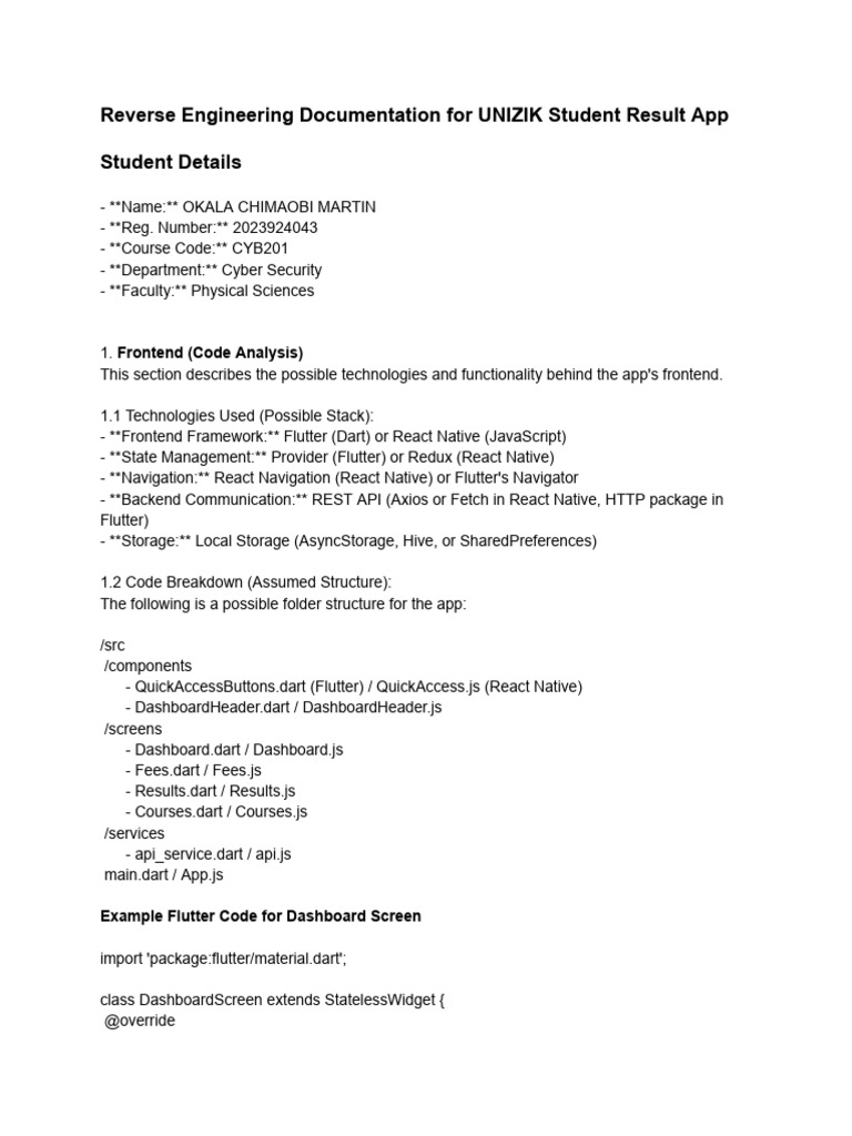 UNIZIK_STUDENT APP REVERSE ENGINEERING pdf. | PDF | Information Technology | Computing