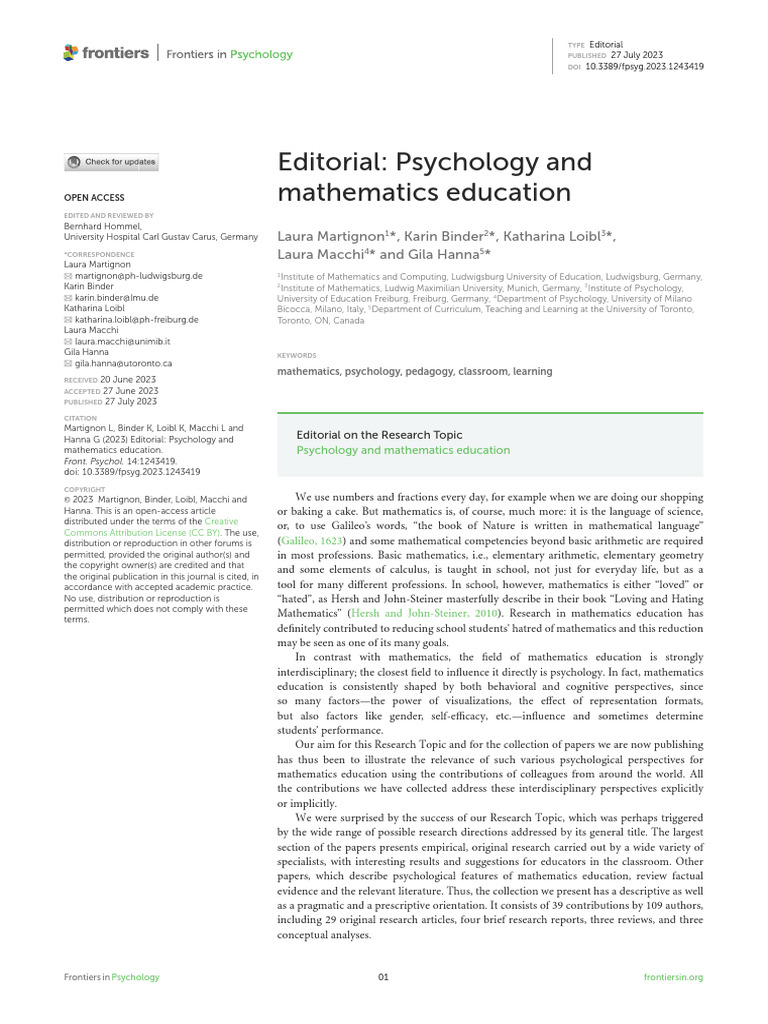 Psychology and Mathematics Education - Martignon Et Al | PDF | Self ...