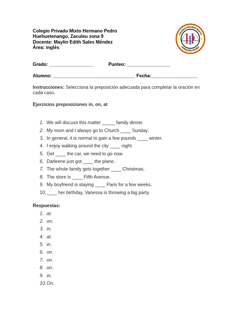 Ejercicios Preposiciones In, On, At. | PDF
