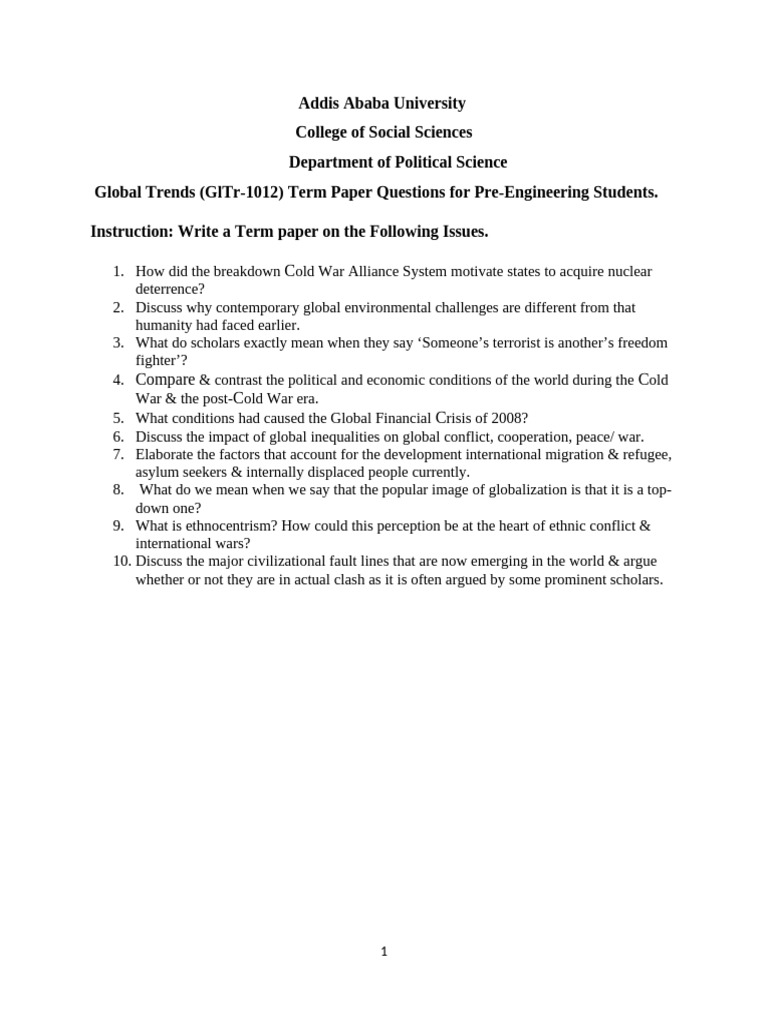 Global Trends (GlTr-1012) Term Paper Questions. | PDF