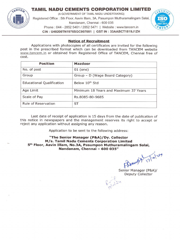 Tamil Nadu Cement Job Application Form | PDF