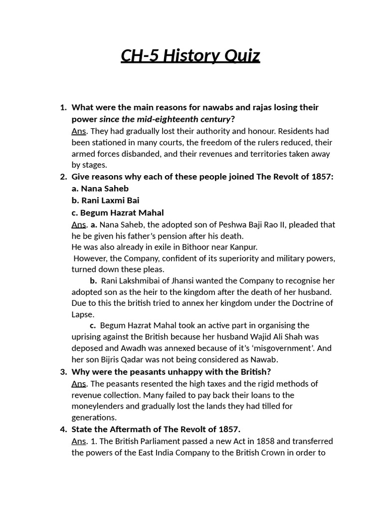 History CH-5 Class 8 Quiz | PDF | Indian Rebellion Of 1857
