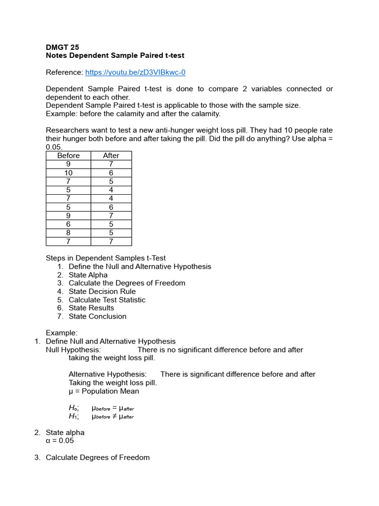 DMGT 25 Notes On Dependent T-Test 2 | PDF | Student's T Test | Null ...
