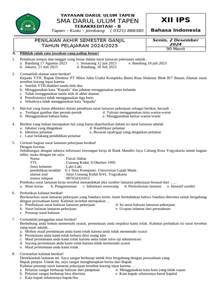 SOAL PAS Ganjil B INDONESIA Kelas XII IPS | PDF