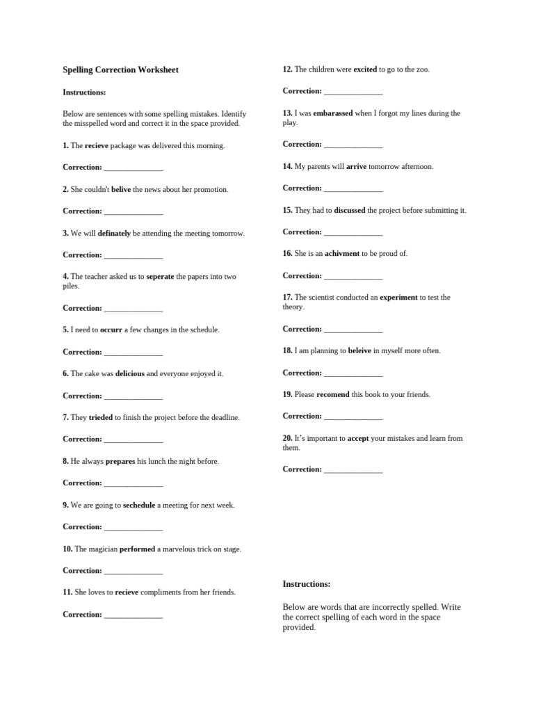 Spelling Correction Worksheet | PDF
