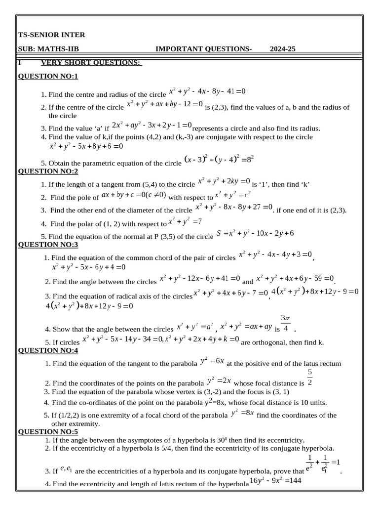 Ts Sr Maths Iib Imp Questions-2024 | PDF | Ellipse | Circle