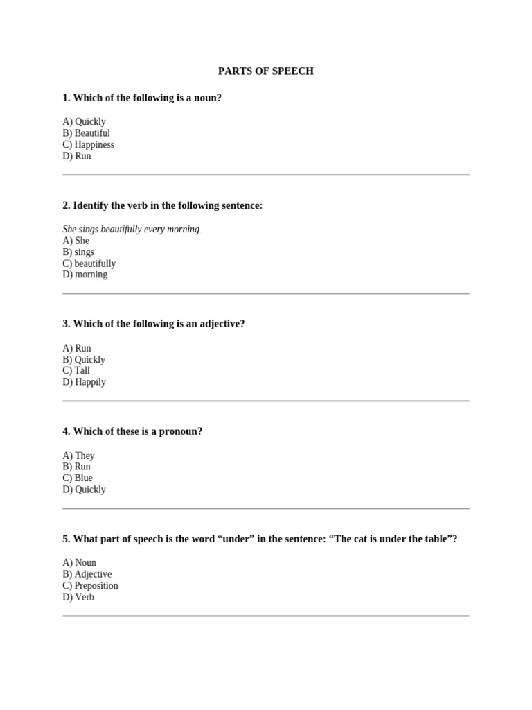 Parts of Speech Questions | PDF | Part Of Speech | Adverb