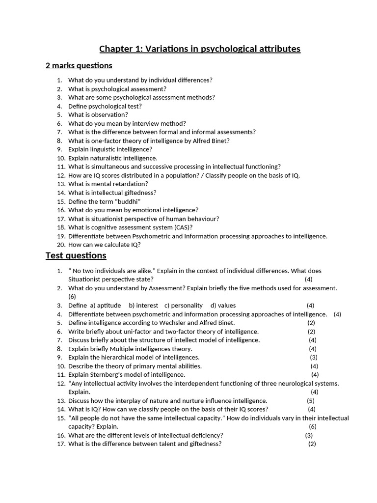Class 12 Psychology Chapter 1 Questions | PDF | Intelligence ...