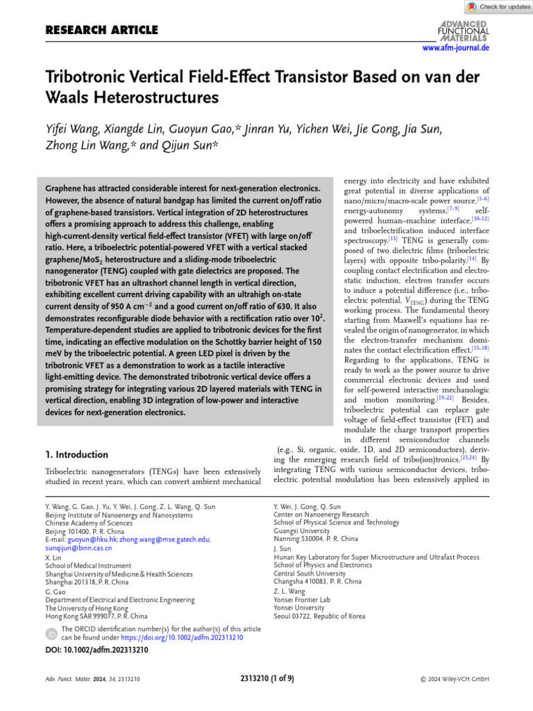Adv Funct Materials - 2024 - Wang - Tribotronic Vertical Field‐Effect Transistor Based on Van ...