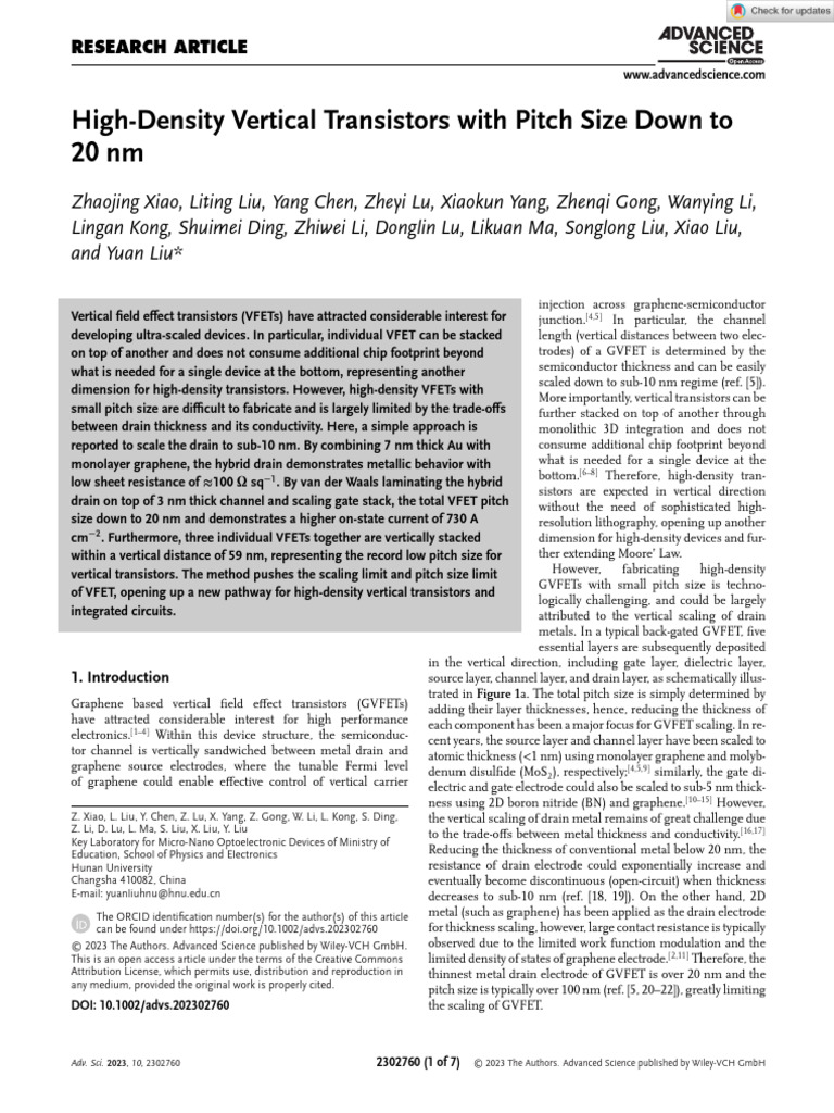 Advanced Science - 2023 - Xiao - High‐Density Vertical Transistors With ...