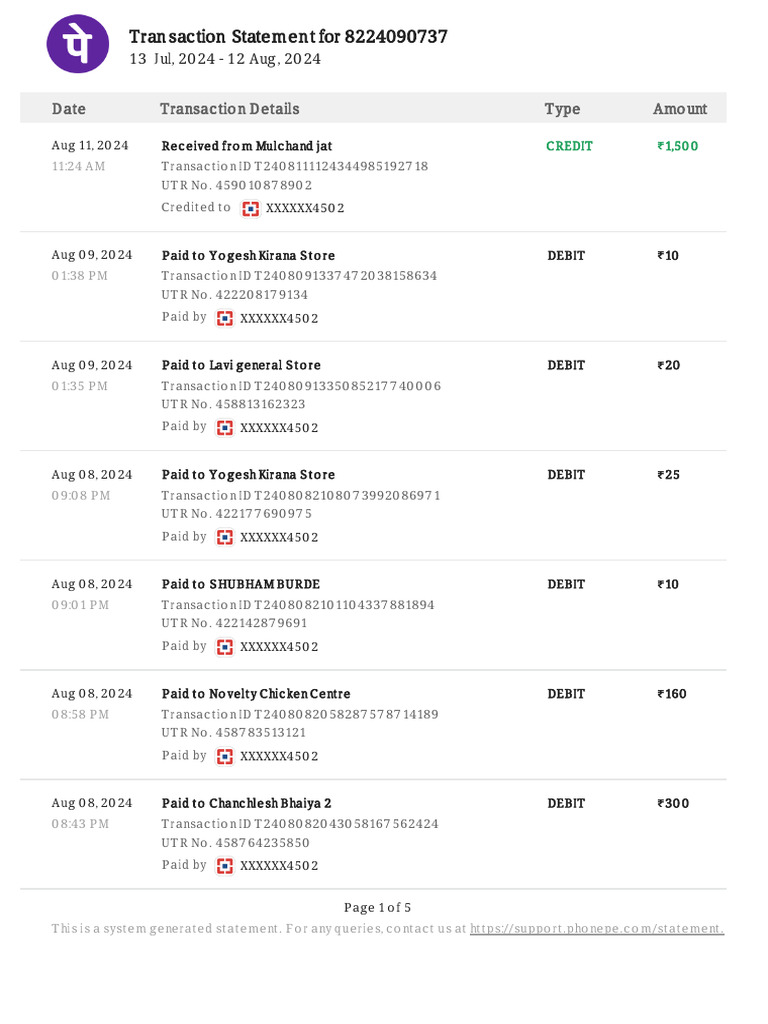 PhonePe Statement Jul2024 Aug2024 | PDF | Financial Services | Business