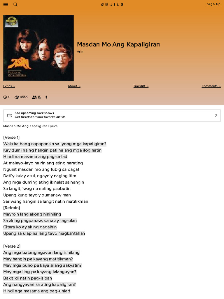 Asin - Masdan Mo Ang Kapaligiran Lyrics - Genius Lyrics | PDF