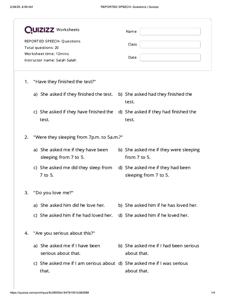 REPORTED SPEECH - Questions - Quizizz | PDF | Food Retailers