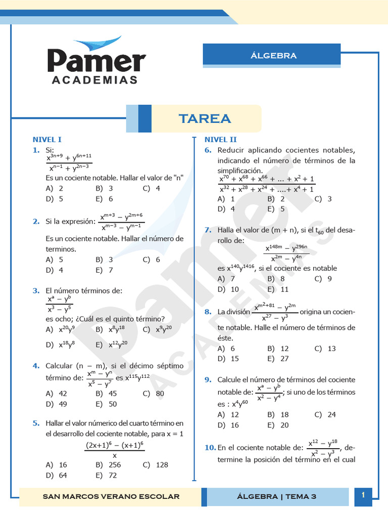 Álgebra Tarea Verano Escolar 2025-1 Sem03 | PDF