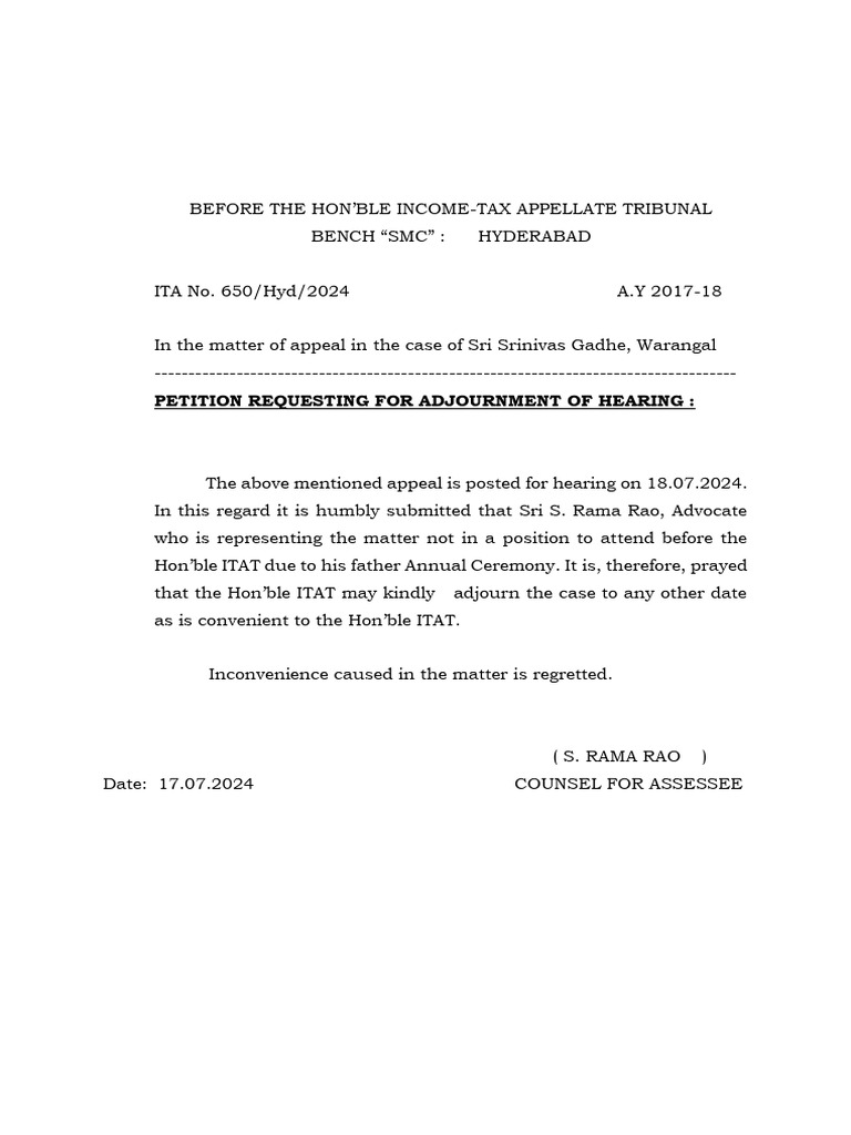 Adjournment Request for ITA 650/Hyd/2024 | PDF