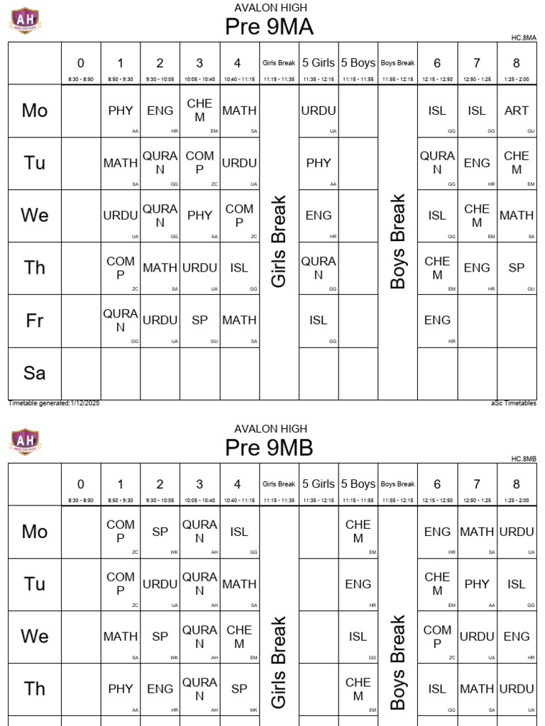 Timetable 13th Jan 2025 Classes | PDF