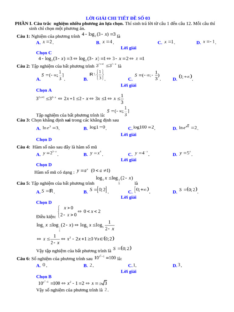 Đề số 03 - Mũ và loga - Lời giải - FORM 2025 V2 | PDF