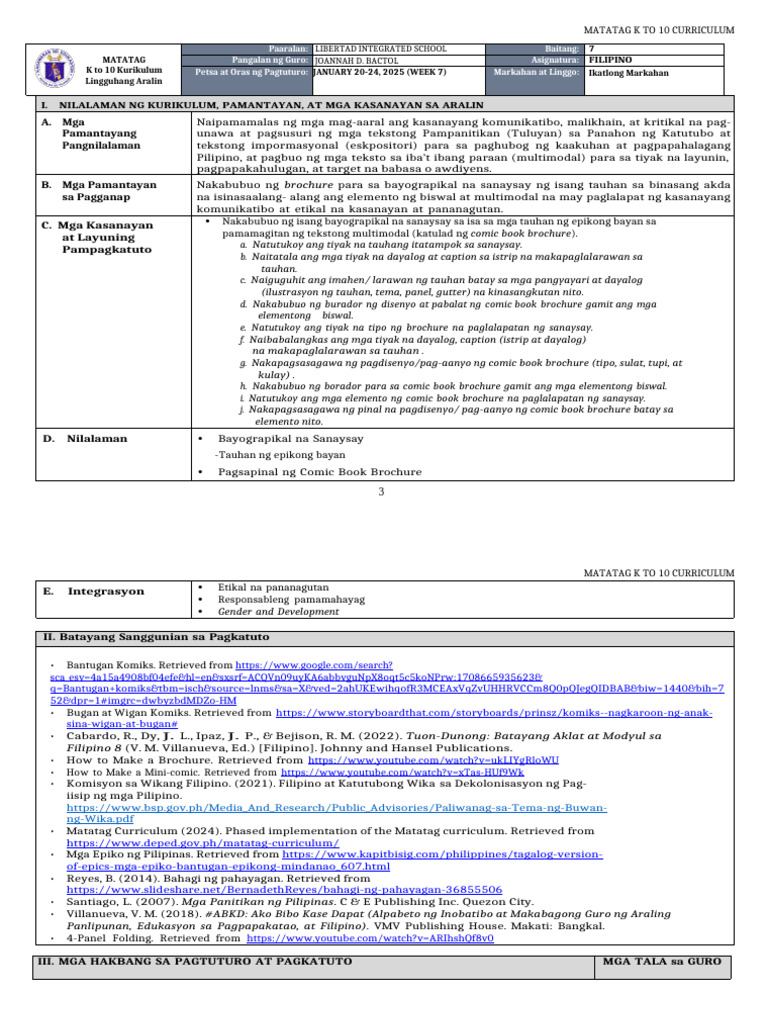 DLL Matatag - Filipino 7 Q3 W7 | PDF