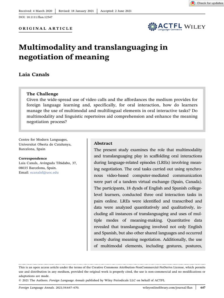 Foreign Language Annals - 2021 - Canals - Multimodality and Translanguaging in Negotiation of ...