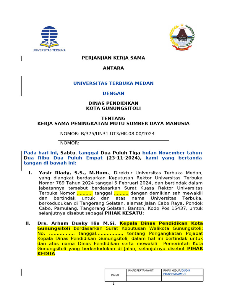 DRAFT PKS UT Dengan Dinas Pendidikan Gunungsitoli | PDF