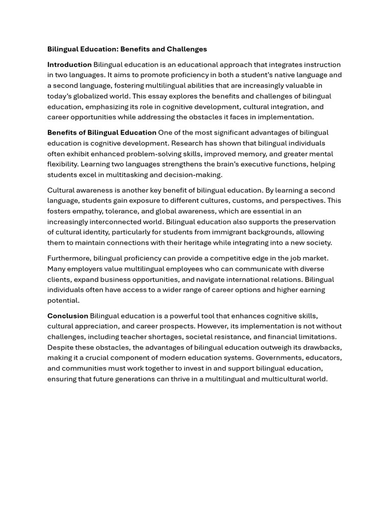 Benefits and Challenges of Bilingual Education | PDF