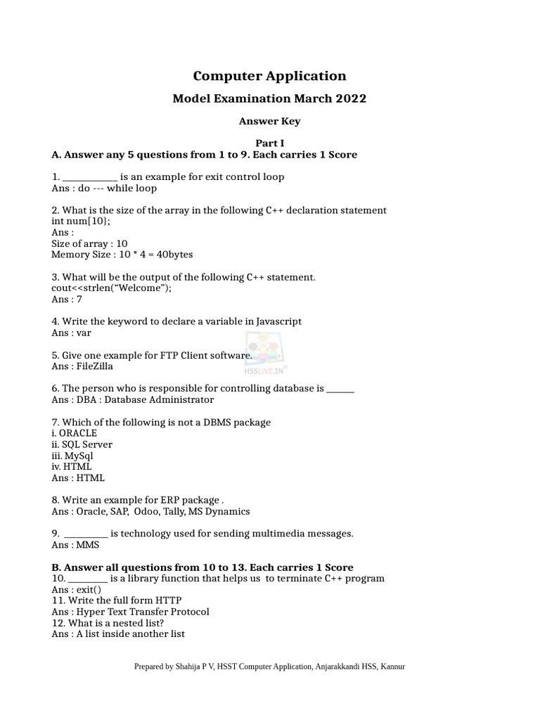 Hsslive-xii-model-exam-2022-computer-app-ca-key-shahija | PDF | Computer Engineering | Software ...