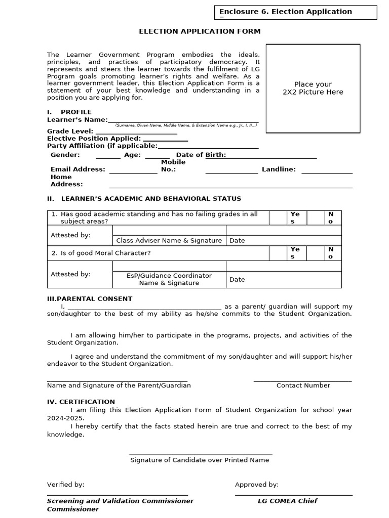 Election Application Form (EAF) of Student Organization | PDF