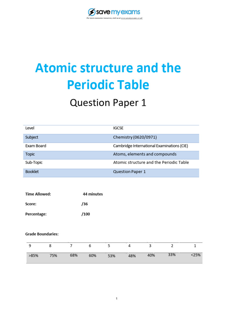 31 Atomic Structure and The Periodic Table Topic Booklet 1 CIE IGCSE ...