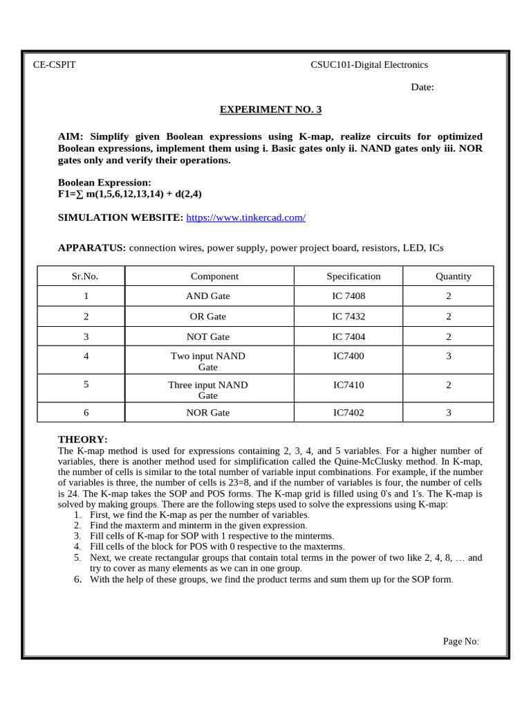 Format - EXP3 - CSUC101-DE - CE - CSPIT - For Upload On Teams | PDF | Logic Gate | Electronic ...