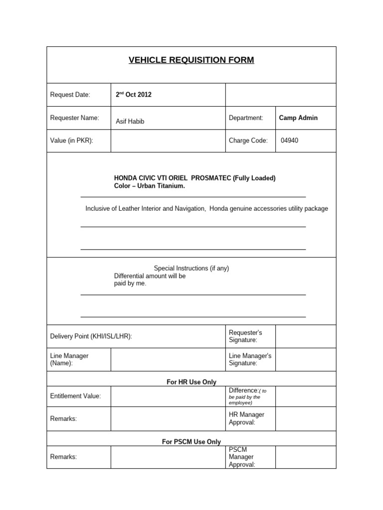 Vehicle Requisition Form for Honda Civic | PDF