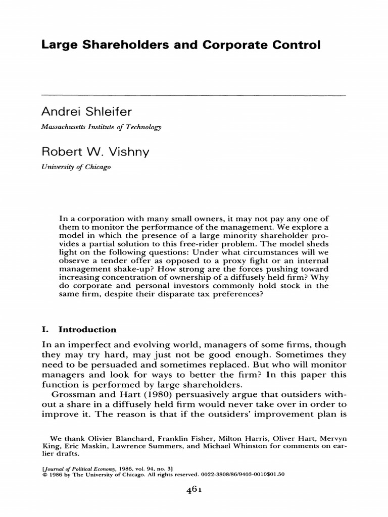 Shleifer和Vishny - 1986 - Large Shareholders and Corporate Control | PDF ...