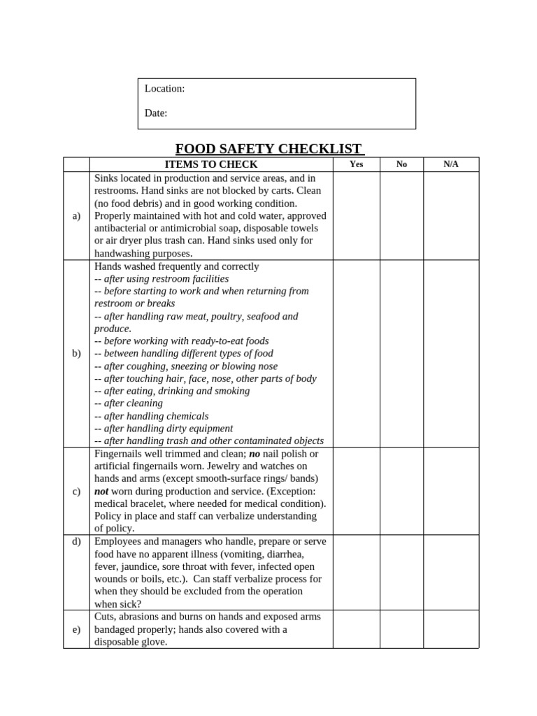 FOOD SAFETY CHECKLIST 25th Jan | PDF | Refrigerator | Food Safety