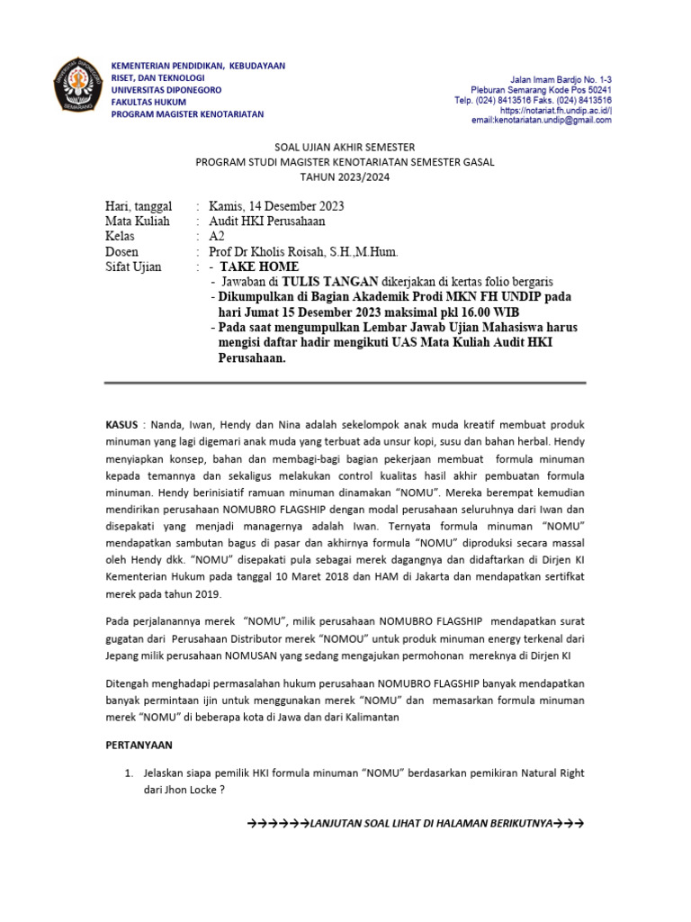 SOAL - UAS Matkul AUDIT HKI PERUSAHAAN - KELAS A2 - KAMIS14 DESEMBER2023 - DOSEN PROF KHOLIS | PDF