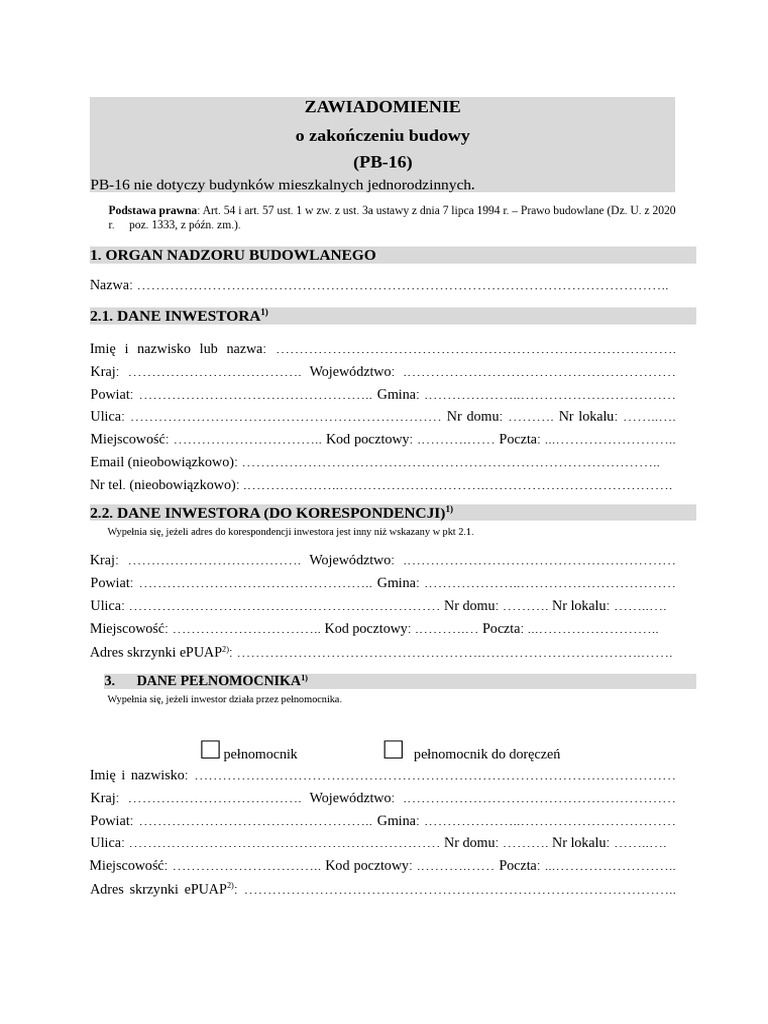 Zawiadomienie o Zakończeniu Budowy (PB-16) | PDF