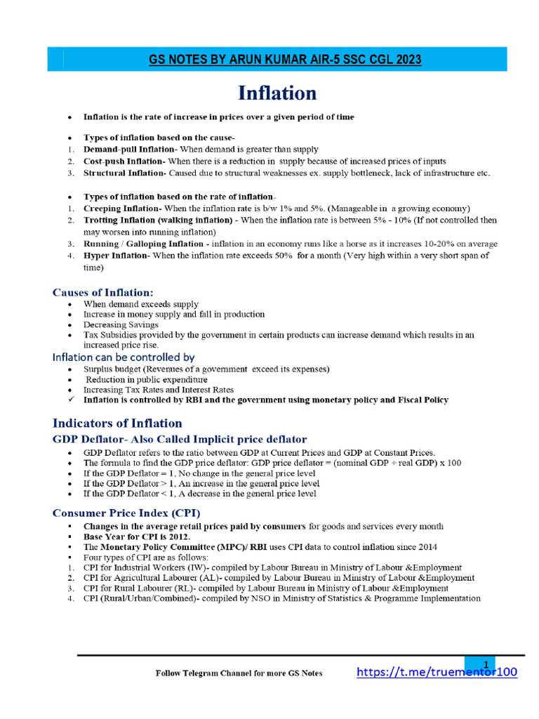 Inflation (Economics) Notes by Arun Kumar AIR-5 | PDF