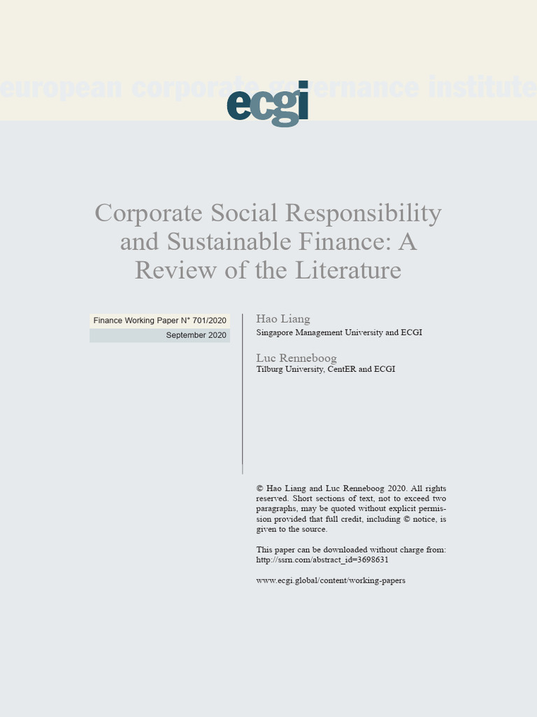 Liang Renneboog (20), CSR and Sus. Fin Lit Review | PDF | Corporate ...