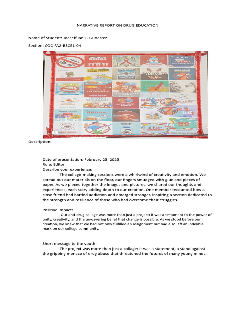 NARRATIVE REPORT ON DRUG EDUCATION-Joeseff Ian Gutierrez | PDF